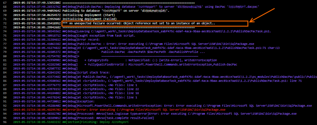 SSDT (SqlPackage) thread crashes with error when publishing | Azure Player